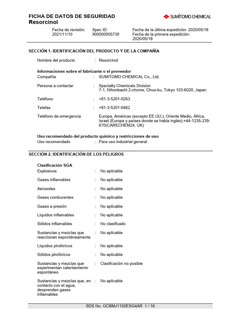 Resorcinol SDS-Spanish 2020 | PDF | Agua
