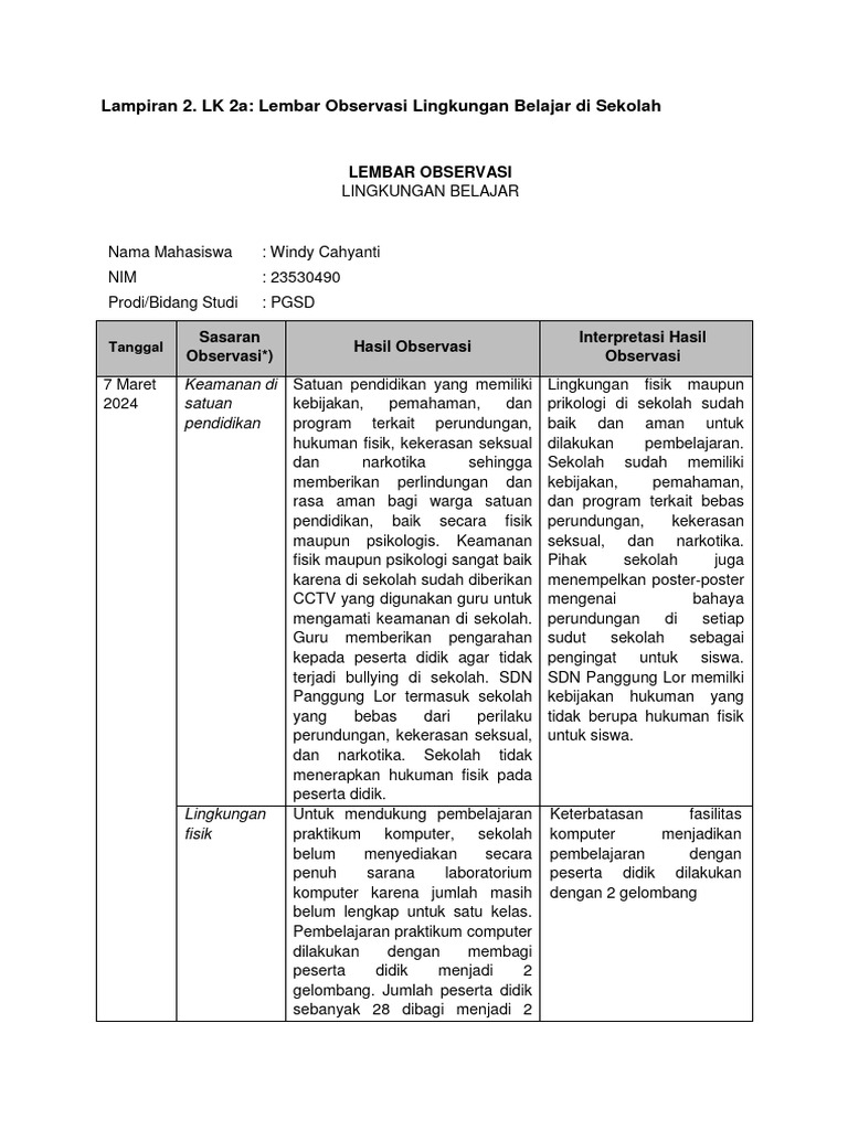Topik 2 - LK 2a - Lembar Observasi Lingkungan Belajar | PDF