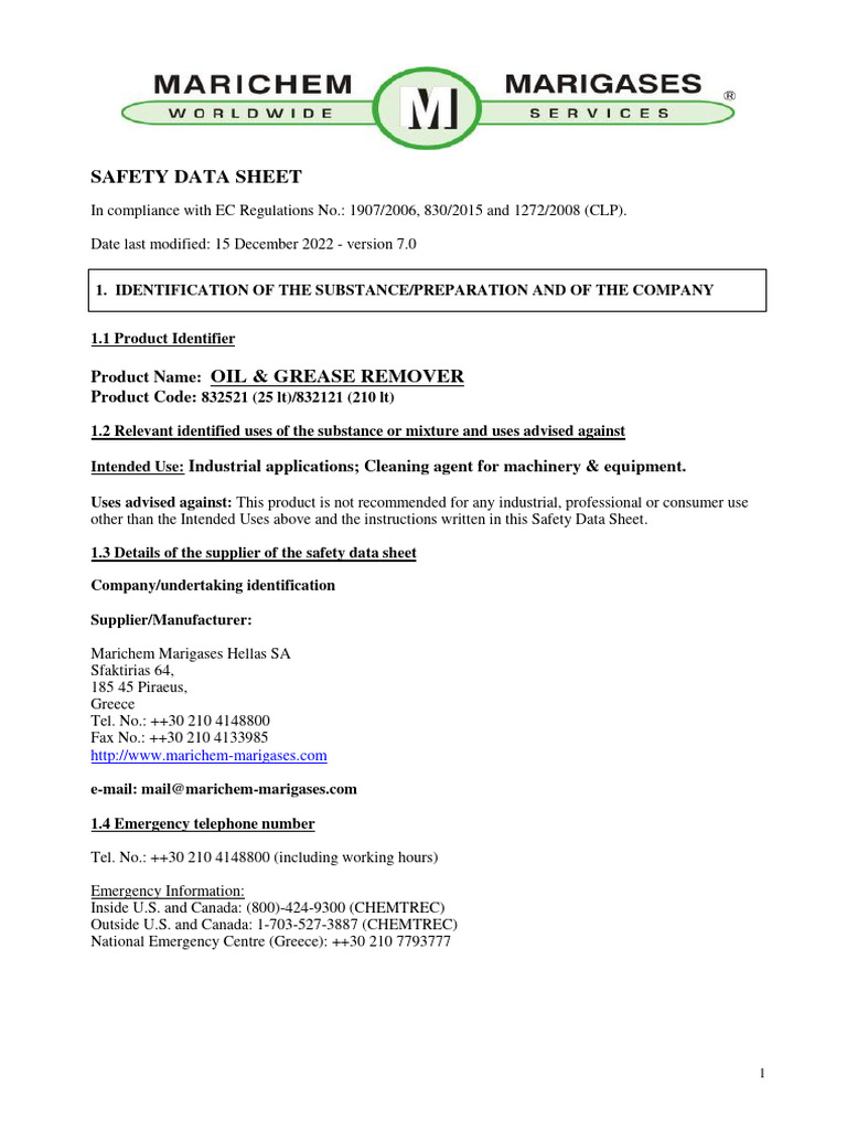 Marichem Oil-Grease-Remover SDS | PDF | Toxicity | Combustion