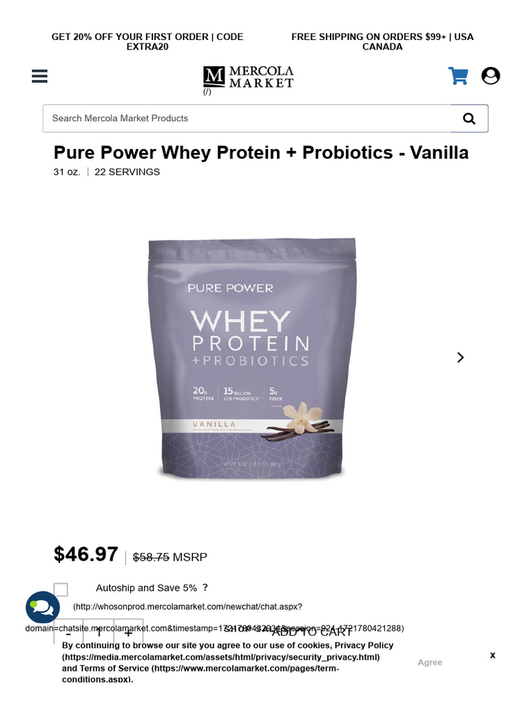 Pure Power Whey Protein + Probiotics - Vanilla Flavor, 31 Oz., 22 ...