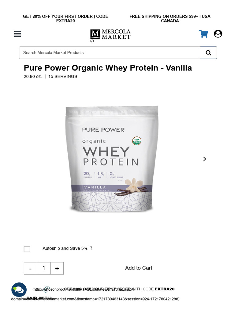 Pure Power Organic Whey Protein - Vanilla, 20.60 Oz., 15 Servings ...