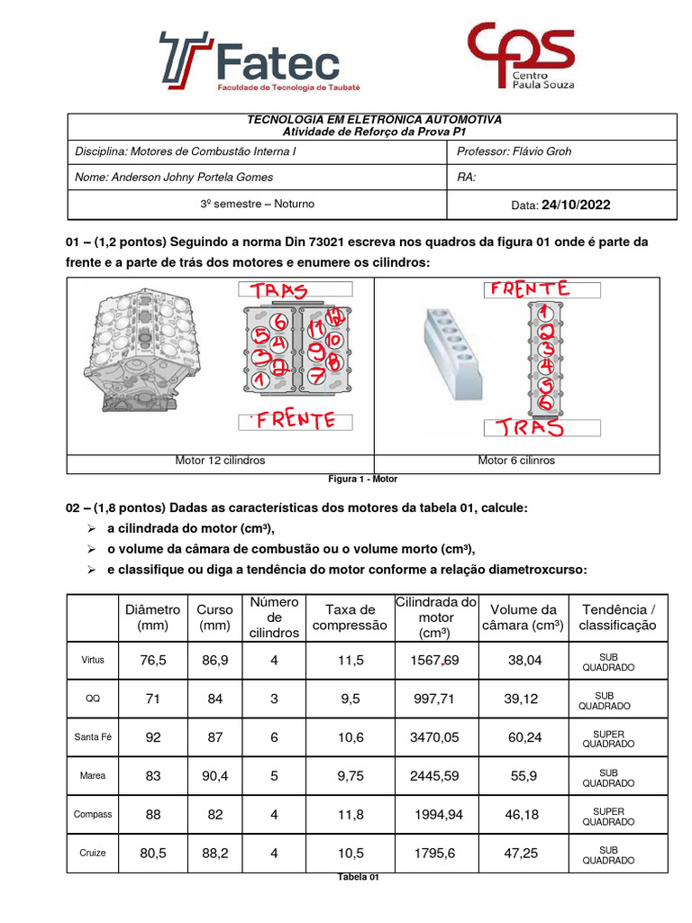 ReforÃ o Da P1 Respostas | PDF | Motores | Estequiometria