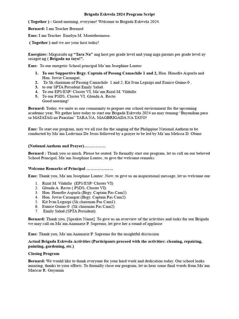 Brigada Eskwela 2024 Program Script | PDF