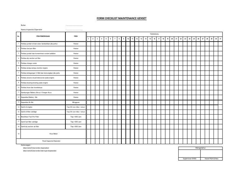 Checklist Maintenance Genset | PDF