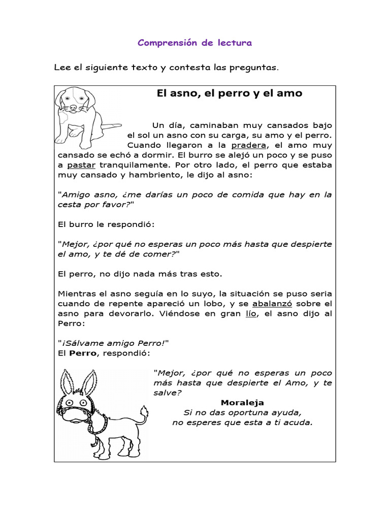 Comprensión de lectura El asno, el perro y el amo | PDF | Burro