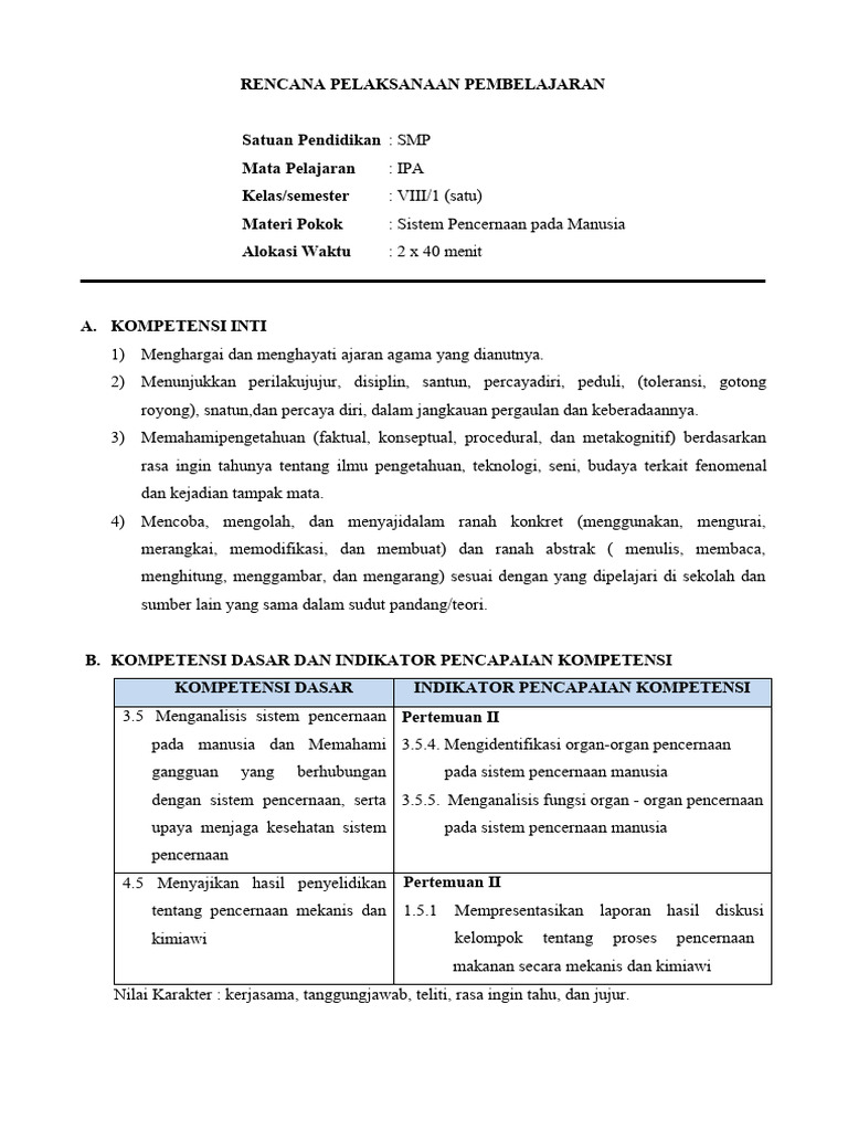 RPP IPA Kelas 8 Sistem Pencernaan Manusia Pertemuan Ke2 - Devy Destiani ...