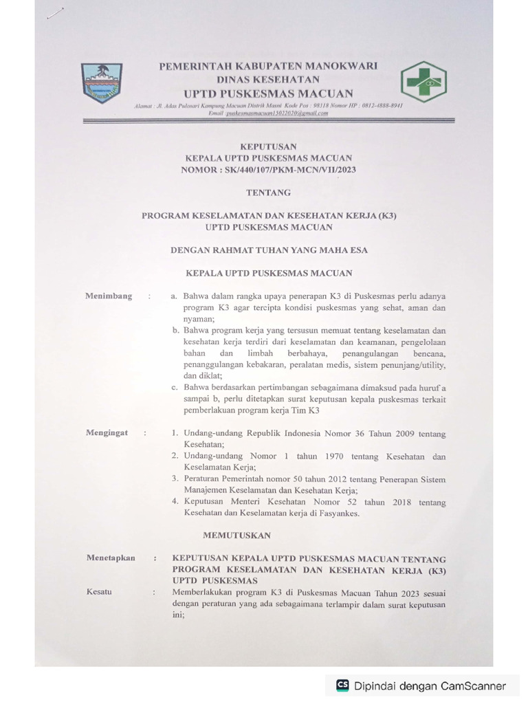 SK Program K3 Puskesmas | PDF