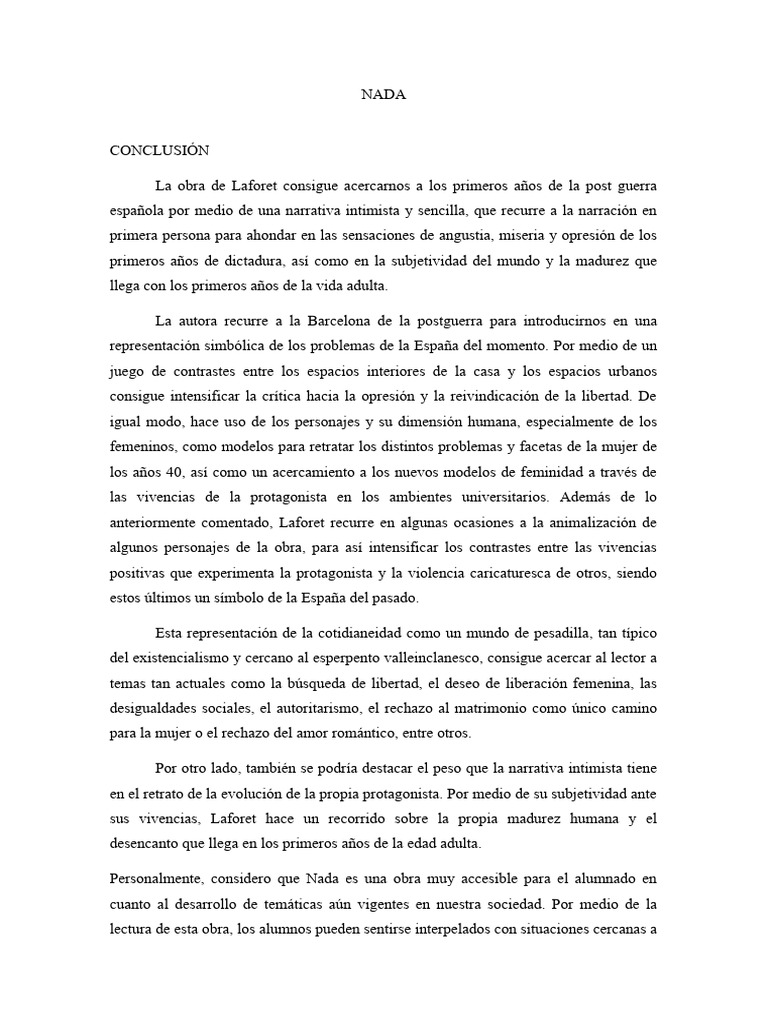 Análisis de "Nada" de Laforet: Feminismo y Libertad | PDF