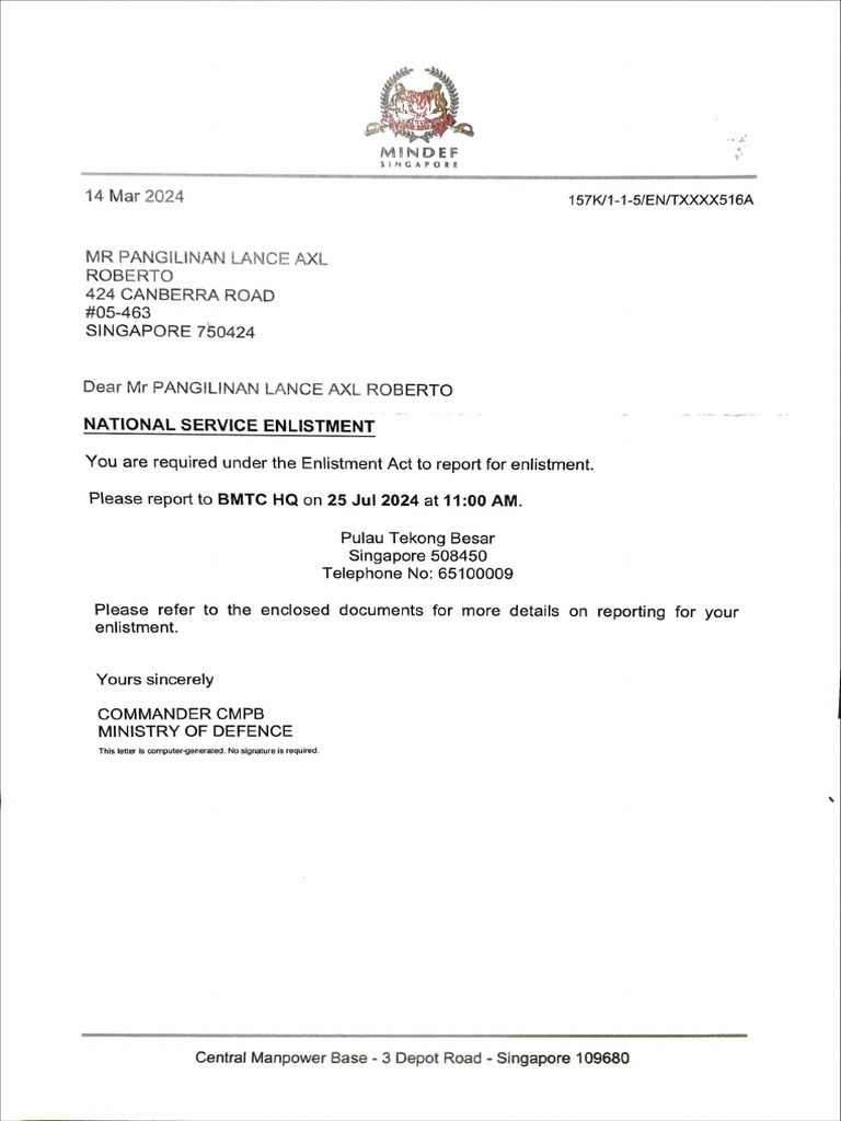 Enlistment Notice - Pangilinan Lance Axl Roberto | PDF