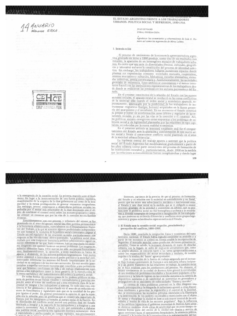 Suriano, El Estado Argentino Frente A Los Trabajadores Urbanos | PDF