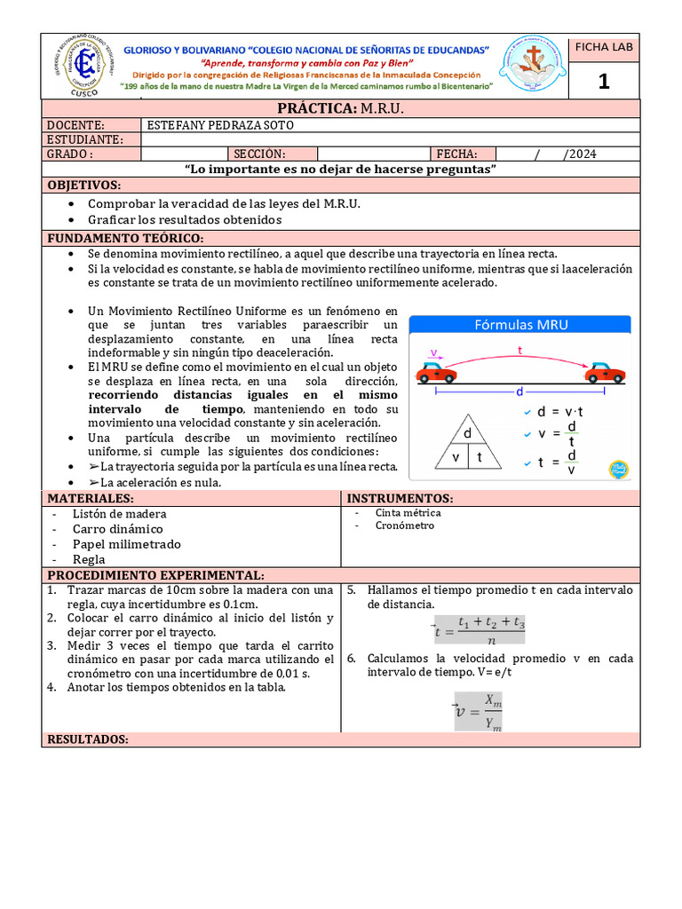 Ficha de Laboratorio - MRU | PDF | Aceleración | Física Aplicada e Interdisciplinaria