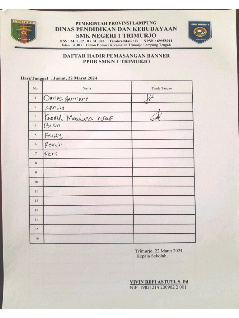 Daftar Hadir Pemasangan Banner | PDF