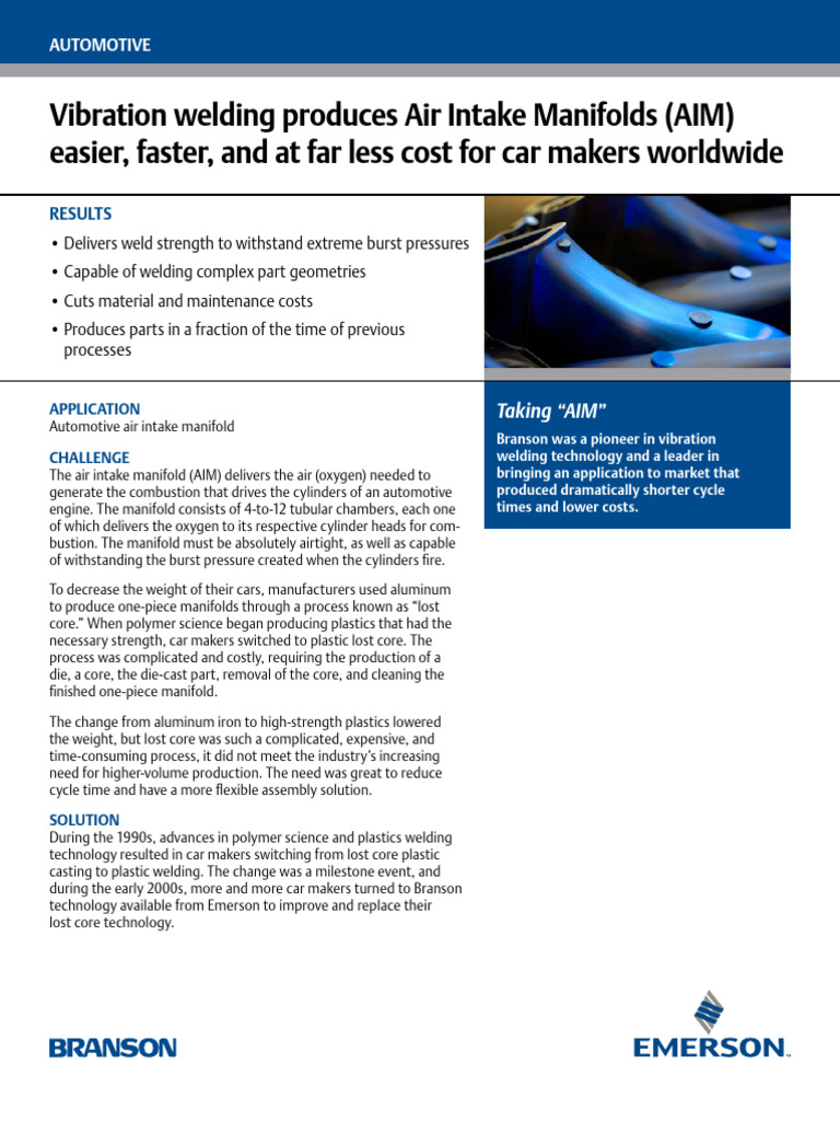 Case Study Vibration Welding Produces Air Intake Manifolds Easier Faster Less Cost For Car ...