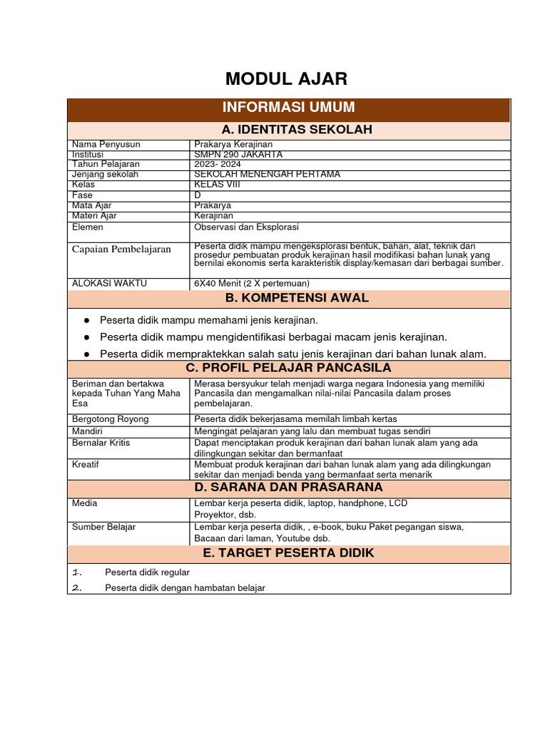 Modul Ajar Prakarya SMP 290 Jakarta | PDF