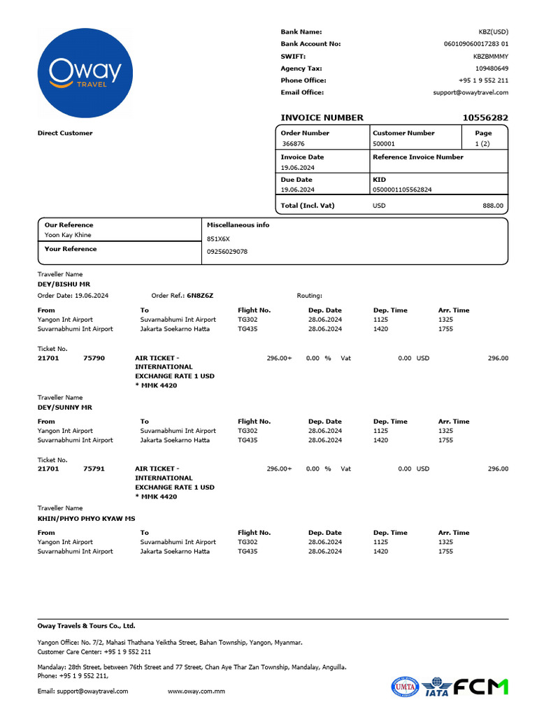 Invoice Number 10556282: Oway Travels & Tours Co., LTD | PDF | Public Finance | Payments
