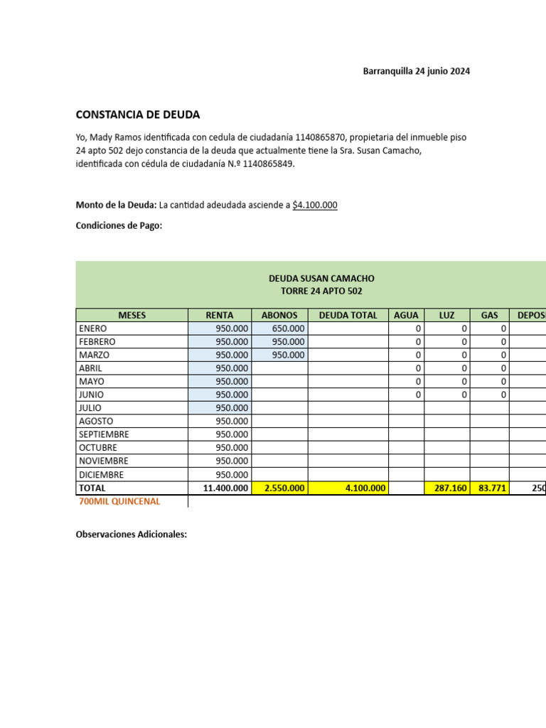 Constancia de Deuda Susan Camacho | PDF
