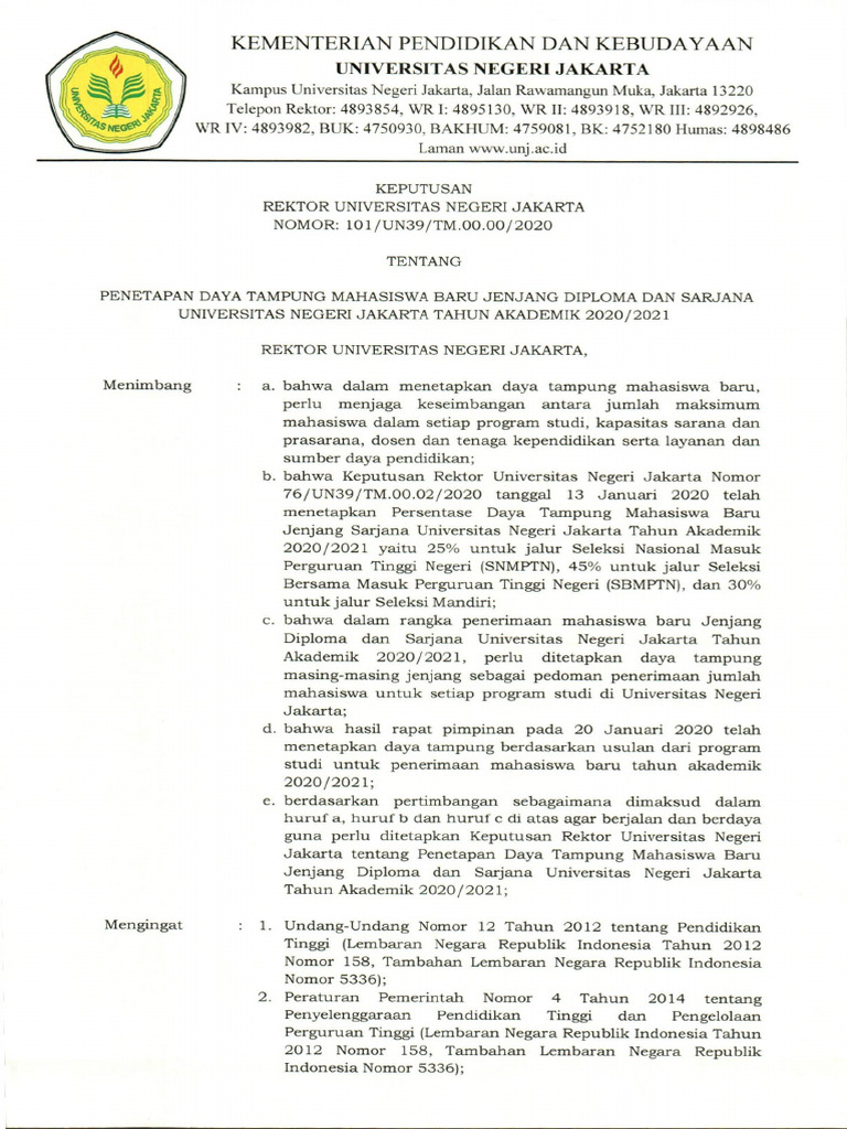 SK TTG Penetapan Daya Tampung Maba D3 S1 UNJ 2020 2021 | PDF