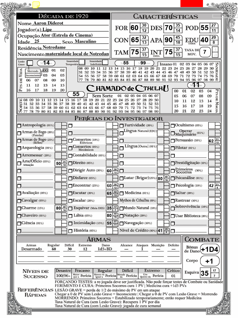 Ficha Editável para Call of Cthulhu 7E | PDF