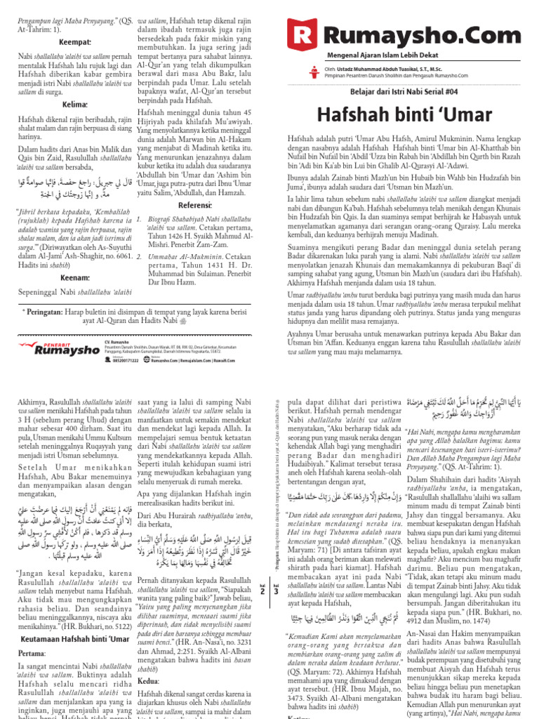 Belajar Dari Istri Nabi Serial Ke 4 Hafshah Binti Umar | PDF
