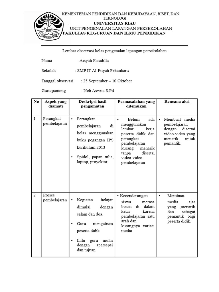 Observasi Pembelajaran di SMP IT Al-Fityah | PDF