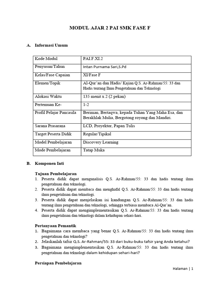 Modul Ajar 2 Pai SMK Kelas Xi Bab 2 - Oke | PDF