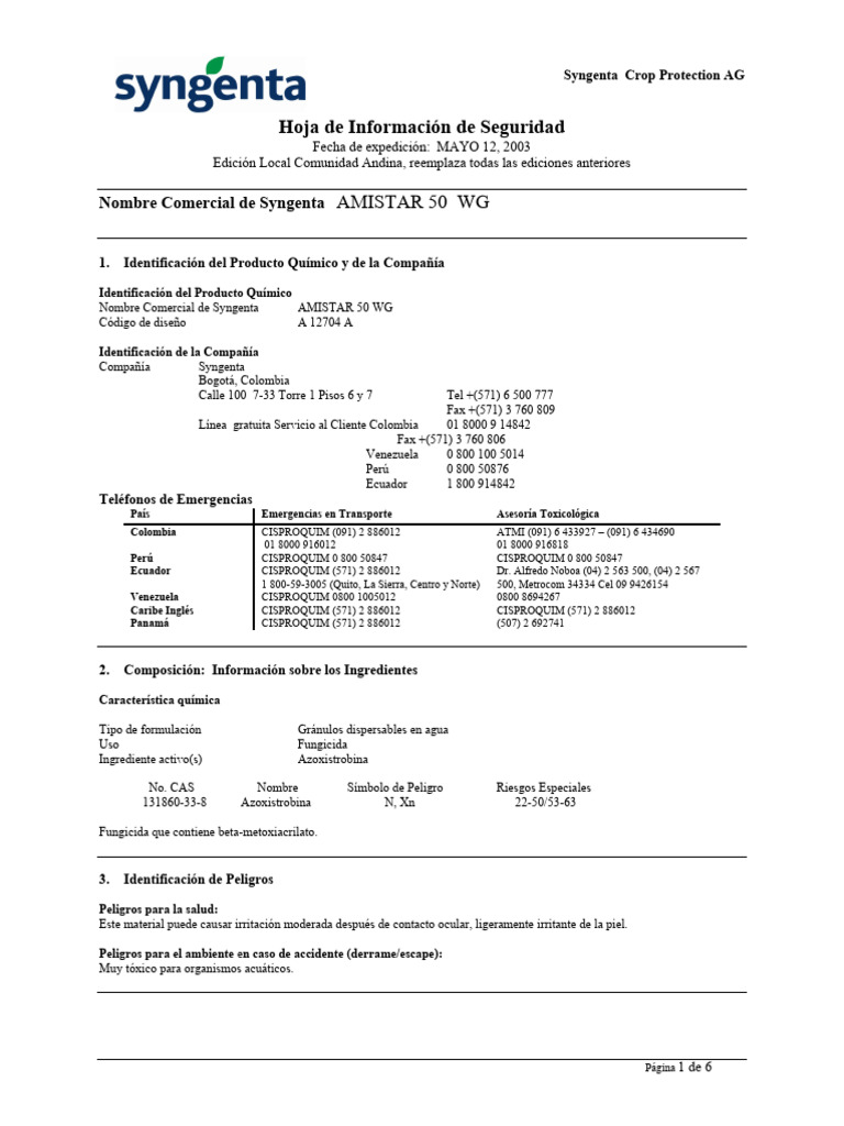 MSDS Amistar 50 WG | PDF | Agua | Contaminación