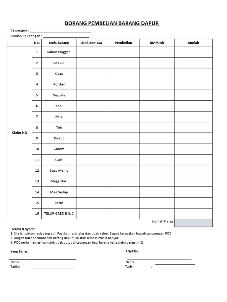 Borang Pembelian Barang Dapur | PDF