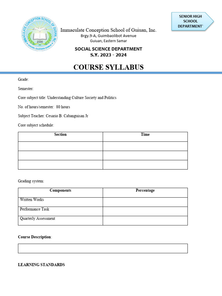 Course Syllabus Learning Plan For SHS S.Y. 2023 2024 | PDF | Learning ...