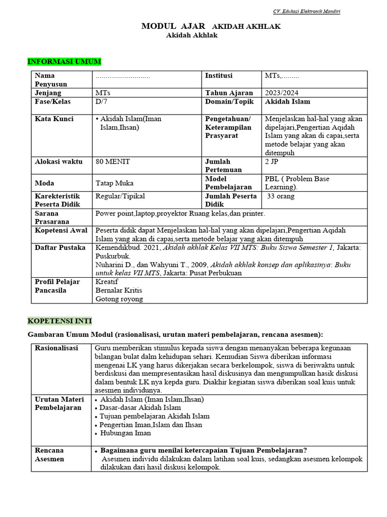 Modul Ajar Akidah Akhlak 1 | PDF