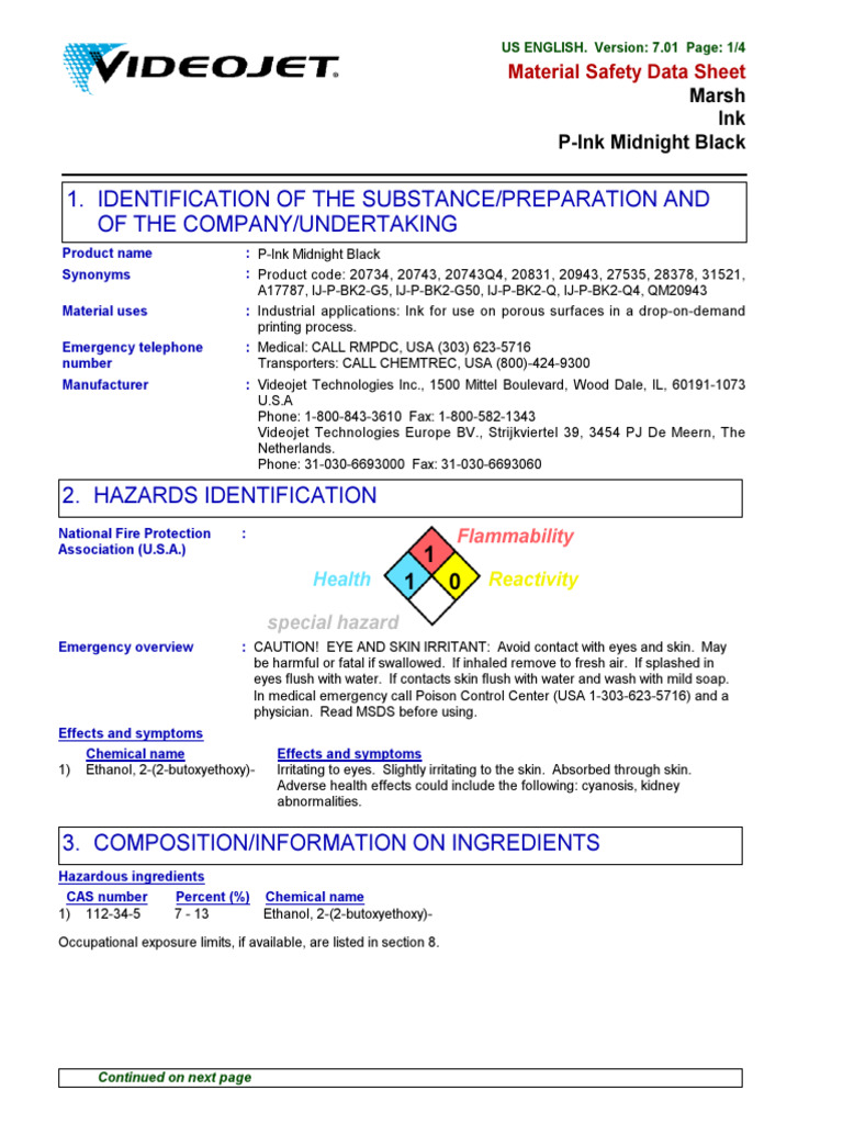 MSDS Ink Midnight Black | PDF | Personal Protective Equipment ...