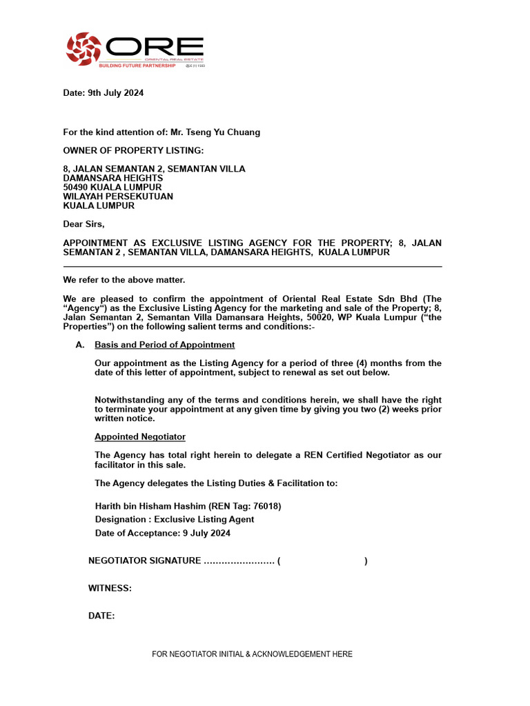 Agency Appointment Letter en Bloc - Exclusive Agent Initial 3-1 | PDF ...