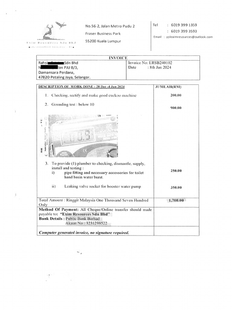 2 Hartamas Heights Redacted Invoice - EXIM ELECTRICAL | PDF