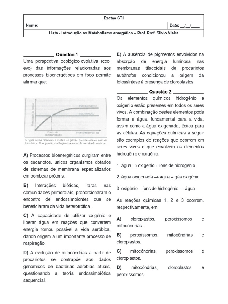 Lista - Introdução Ao Metabolismo Energético | PDF | Metabolismo ... Lista - Introdução Ao Metabolismo Energético | PDF | Metabolismo ...