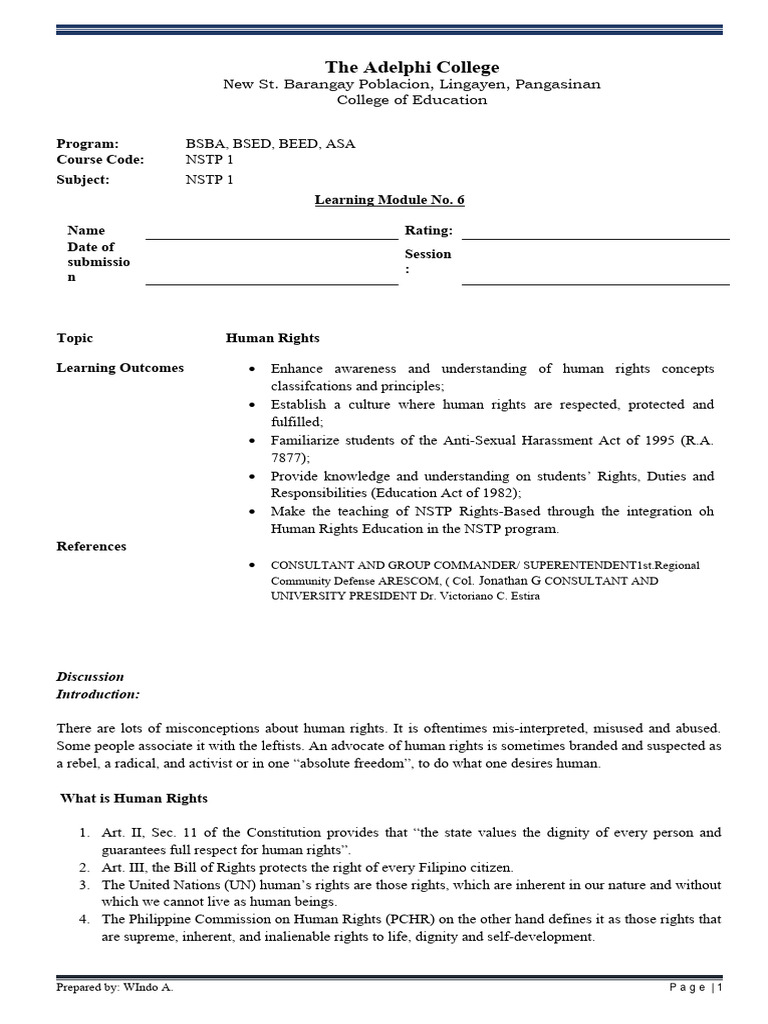 NSTP H.rights M 6 | PDF | Human Rights | Rights