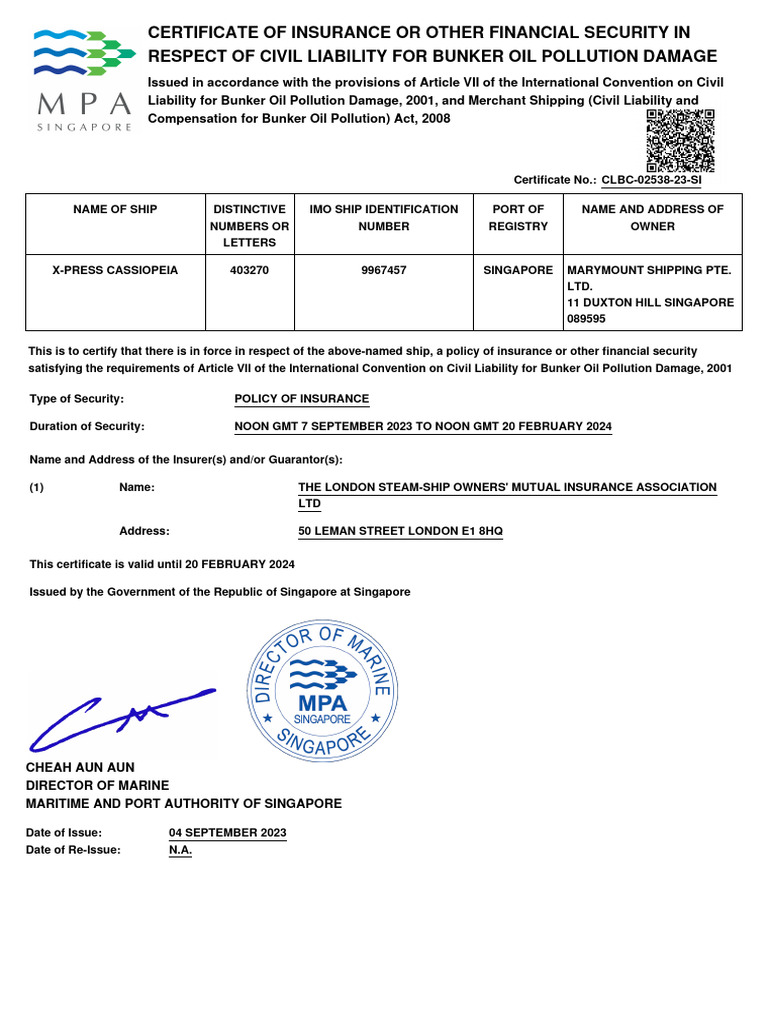Bunker Oil Pollution Liability Certificate | PDF | Business