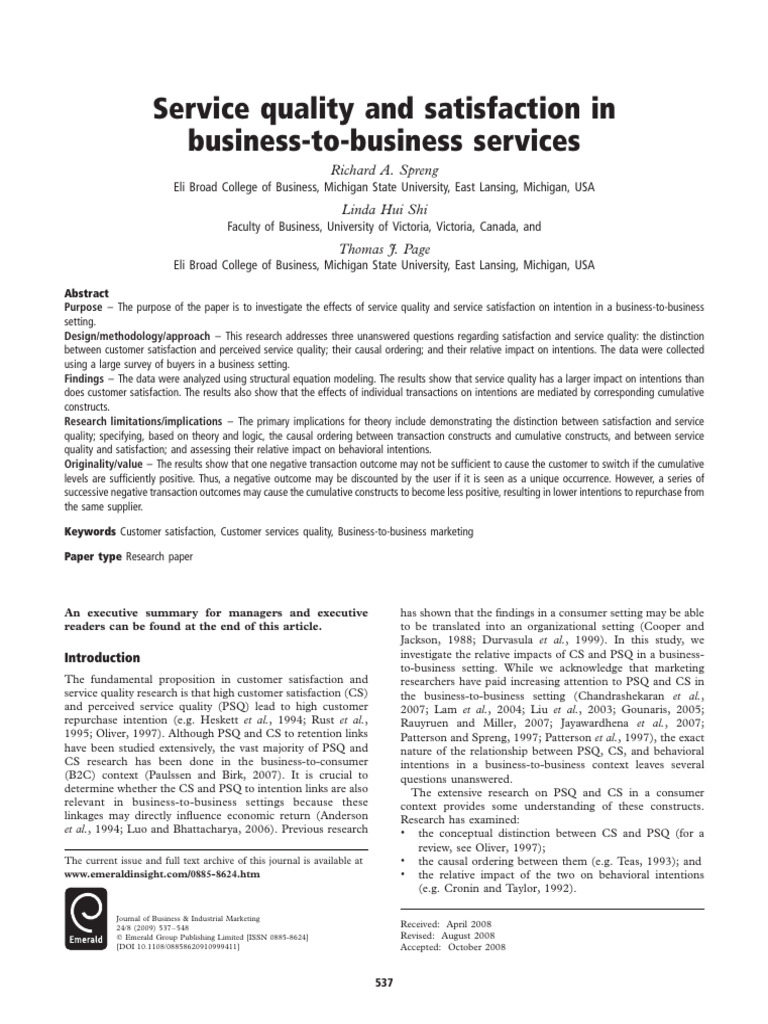 Service Quality Impact on B2B Satisfaction | PDF | Affect (Psychology ...