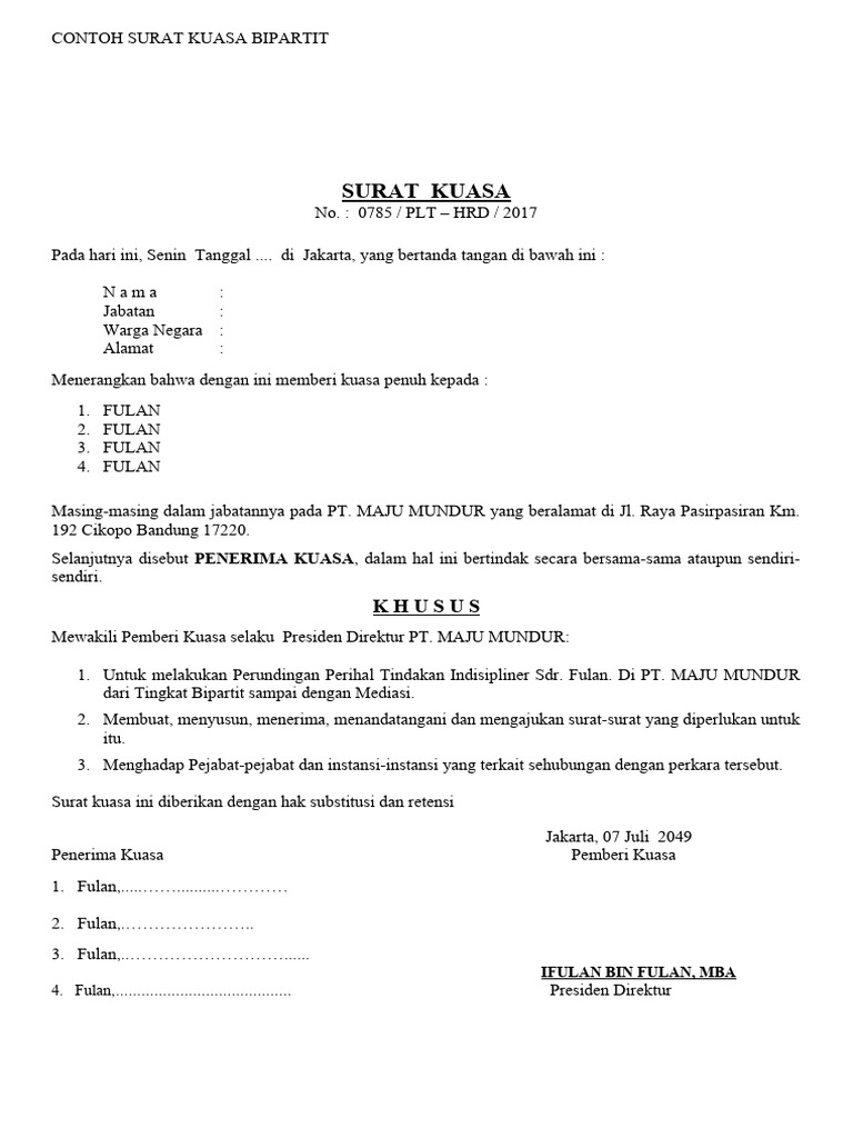 Contoh Surat Kuasa Bipartit | PDF