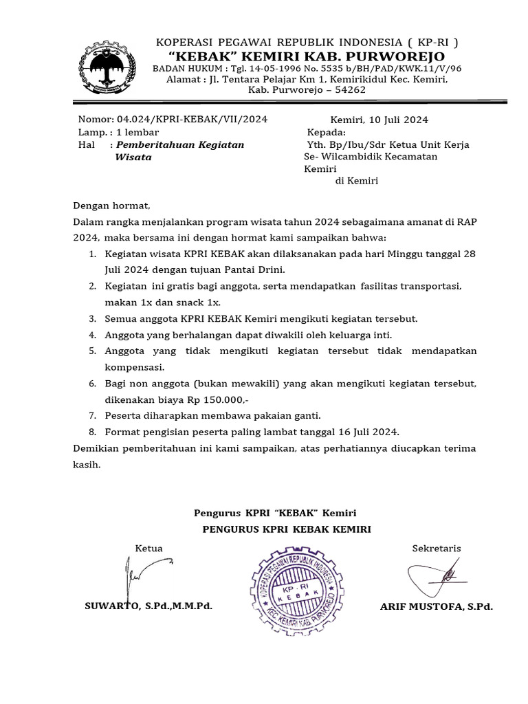Surat Wisata Kpri - 2024 | PDF