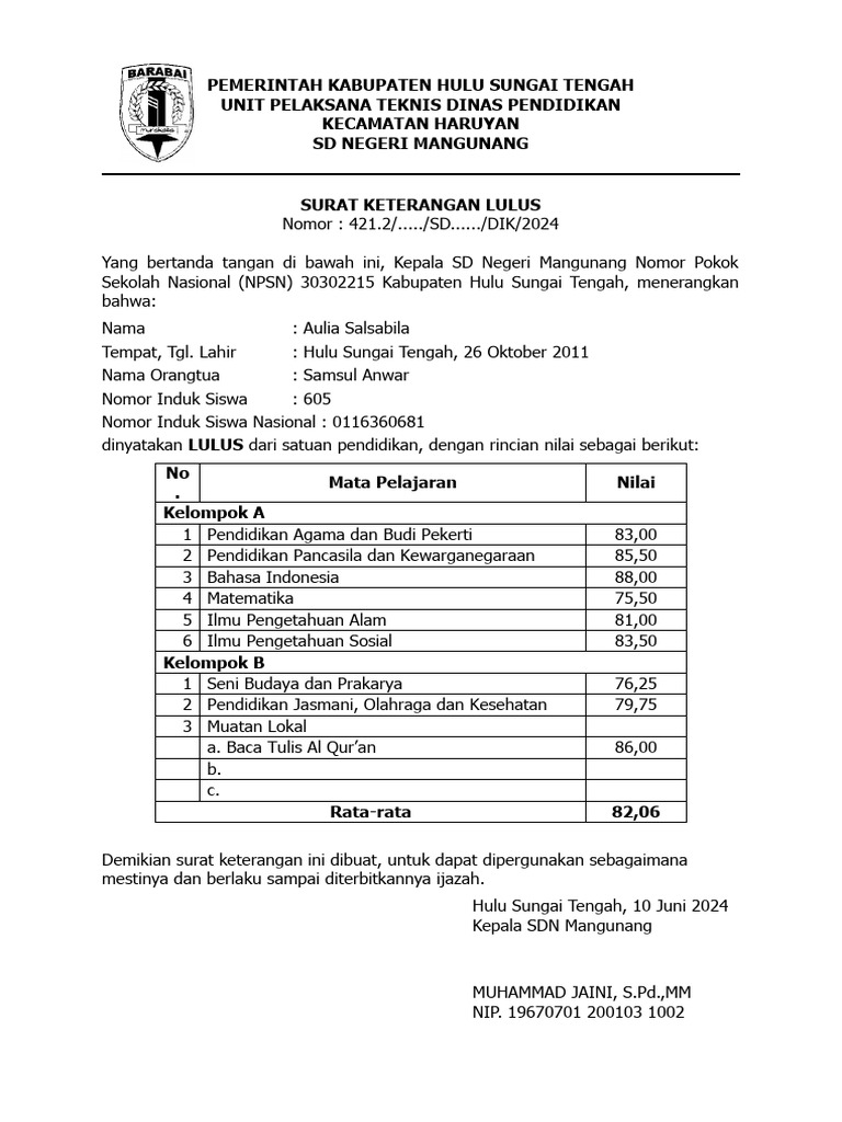 Surat Keterangan Lulus SD 2024 | PDF
