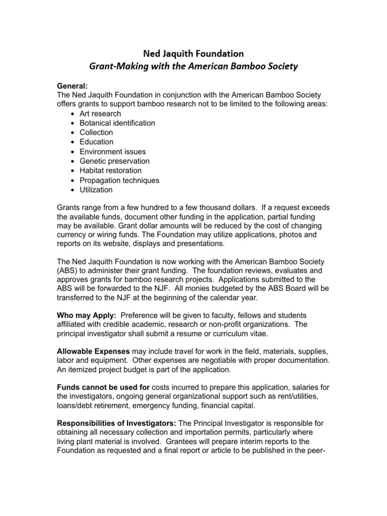 Ned Jaquith Foundation Bamboo Grants | PDF | Expense