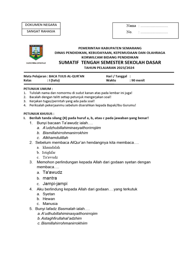 SOAL PTS B TQ 2023 SM 1 Fix (AutoRecovered) | PDF