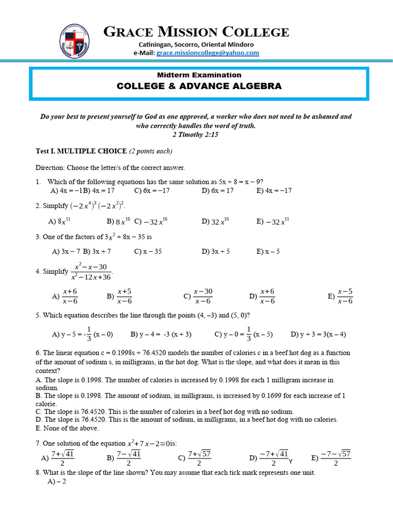 Midterm Exam - College and Advance Algebra | PDF | Factorization | Abstract Algebra