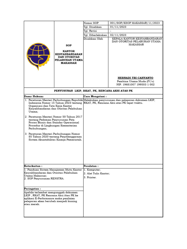 001 Sop Ksop Makassar 11 2023 Rev.00 Penyusunan Lkip, Rkat, PK, Rencana ...