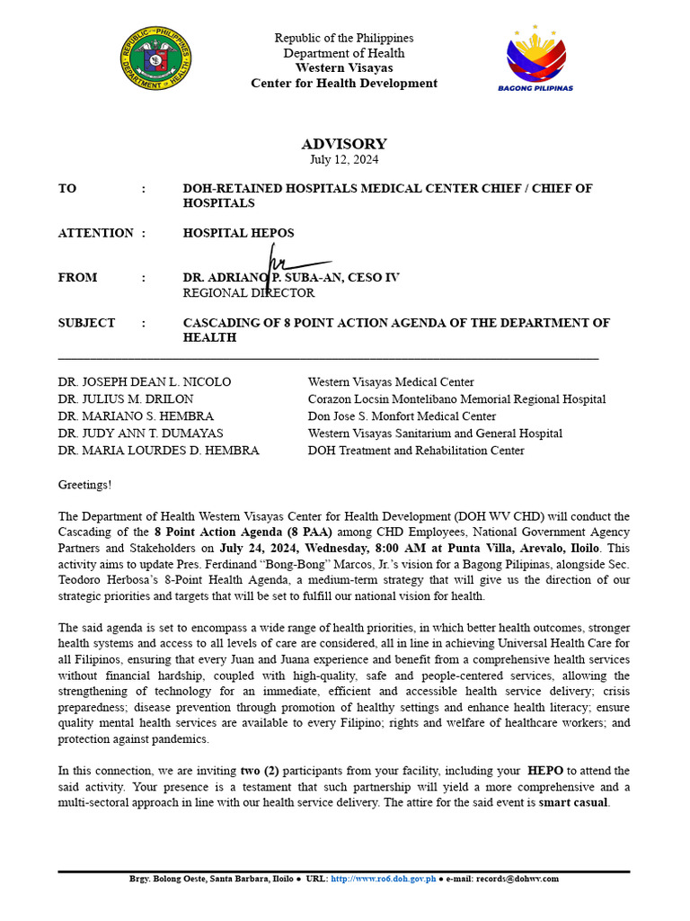 Advisory For DOH Retained Hospitals - Cascading of 8 Point Action ...
