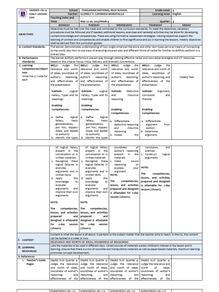 QUARTER 4 W4 ENGLISH9 MELCS BASED DLL Complete Edited 3 | PDF | Argument | Fallacy