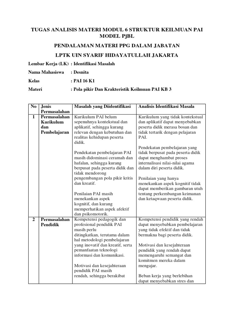 TUGAS ANALISIS MATERI MODUL 6 STRUKTU KEILMUAN PAI MODEL PjBL-1 | PDF