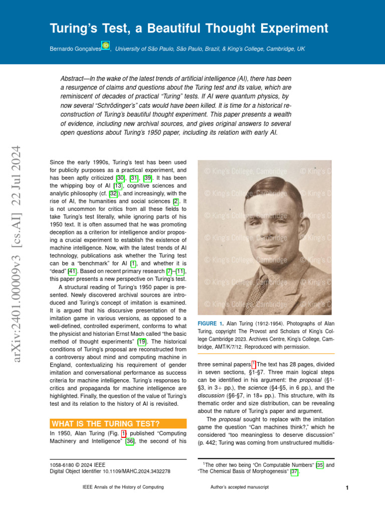Turing's Test, A Beautiful Thought Experiment | PDF | Alan Turing | Thought