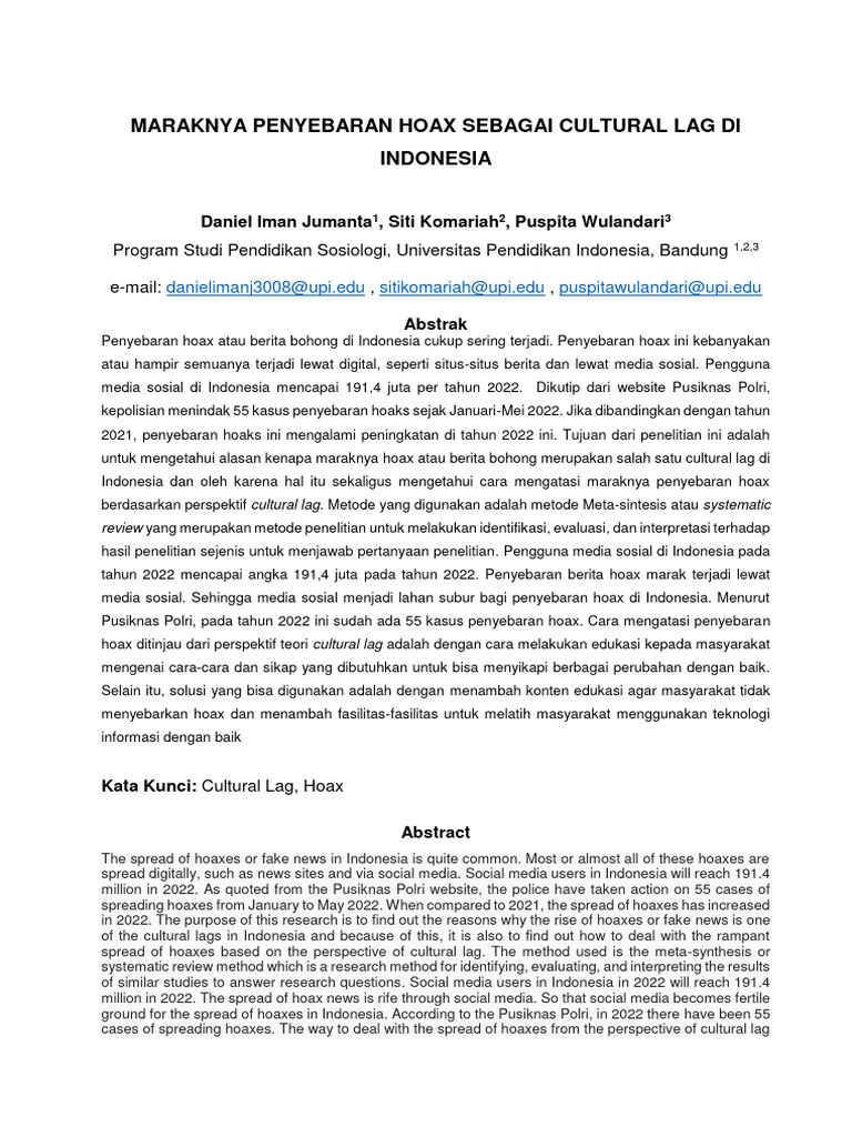 Maraknya Penyebaran Hoax Sebagai Cultural Lag Di Indonesia | PDF