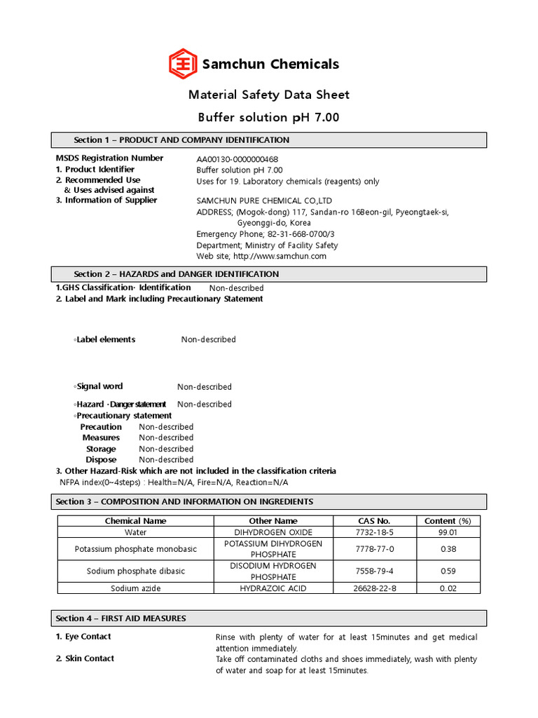 Buffer Solution pH 7.00 MSDS Guide | PDF | Dangerous Goods | Toxicity