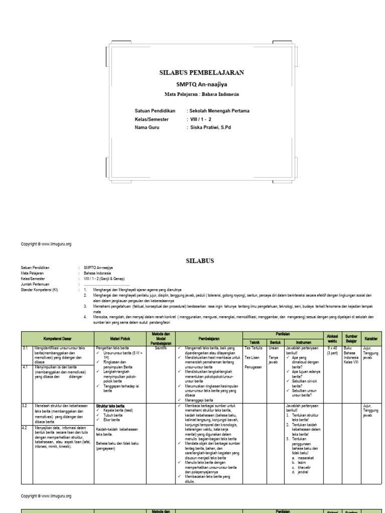 Silabus Bahasa Indonesia Kelas 8 (10 Kolom) | PDF
